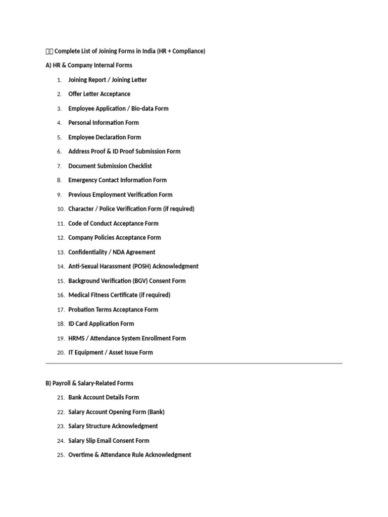 ?? Complete List of Joining Forms in India | PDF | Identity Document | Business