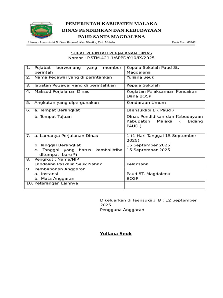 SPPD Perjalanan Dinas Paud STM | PDF