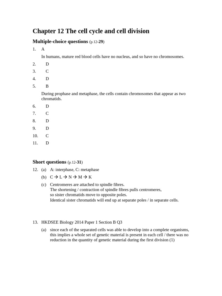 Cell Cycle and Division MCQs & Essays | PDF | Meiosis | Mitosis