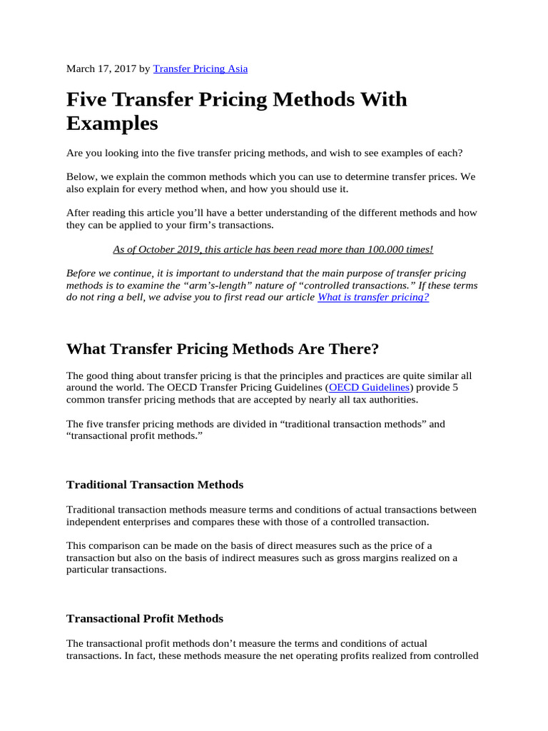 Five Transfer Pricing Methods With Examples | PDF | Business Economics | Business