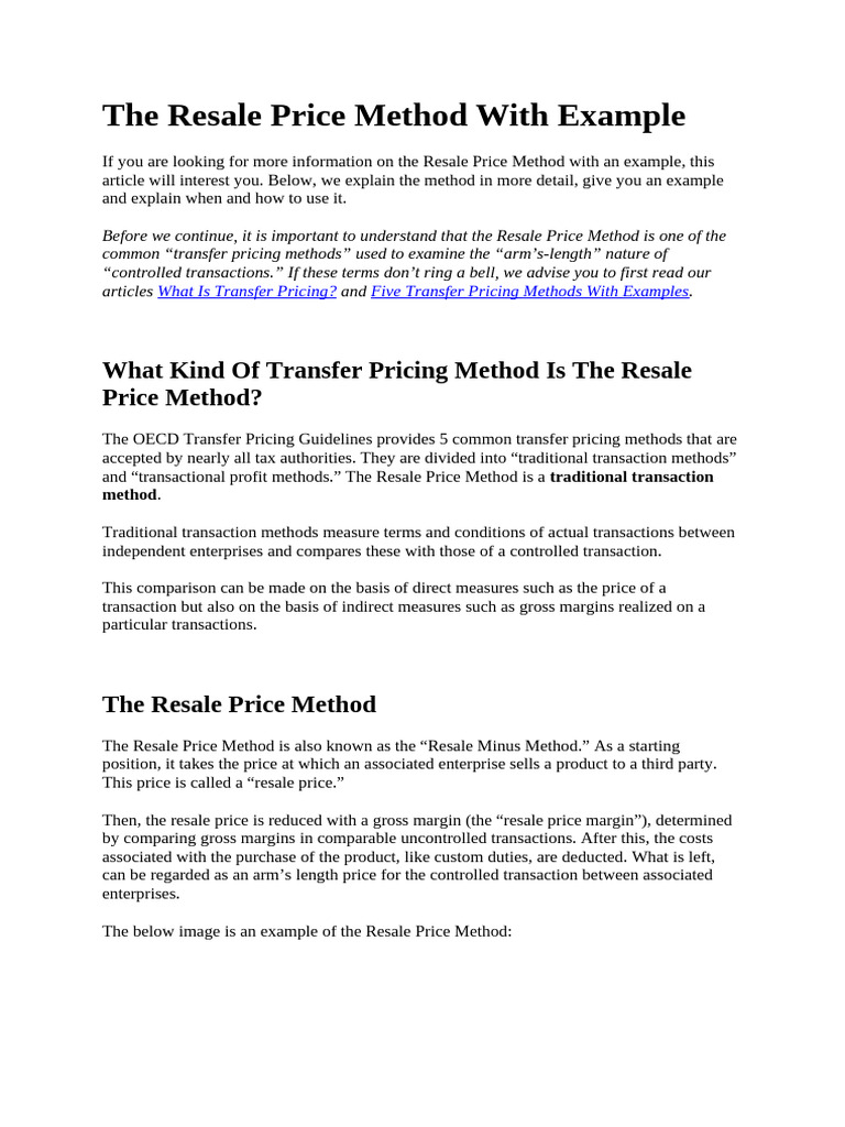 The Resale Price Method With Example | PDF | Private Sector | Payments