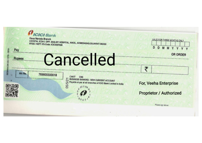 Veeha Enterprise ICICI Cancelled Cheque | PDF