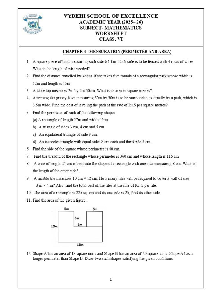 Grade 6 Math Ch-6 Worksheet | PDF | Area | Length