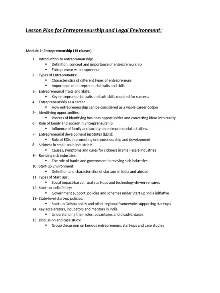 Lesson Plan For Entrepreneurship and Legal Environment - 040528 | PDF ...