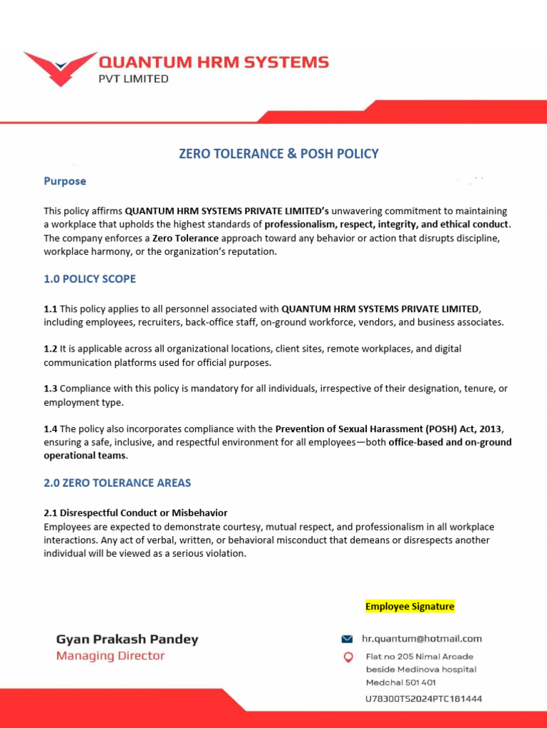 Zero Tolerance & POSH Policy Overview | PDF | Sexual Harassment | Human ...
