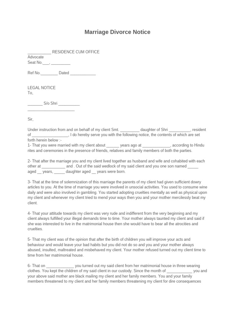 Legal Divorce Notice Template | PDF | Marriage | Divorce