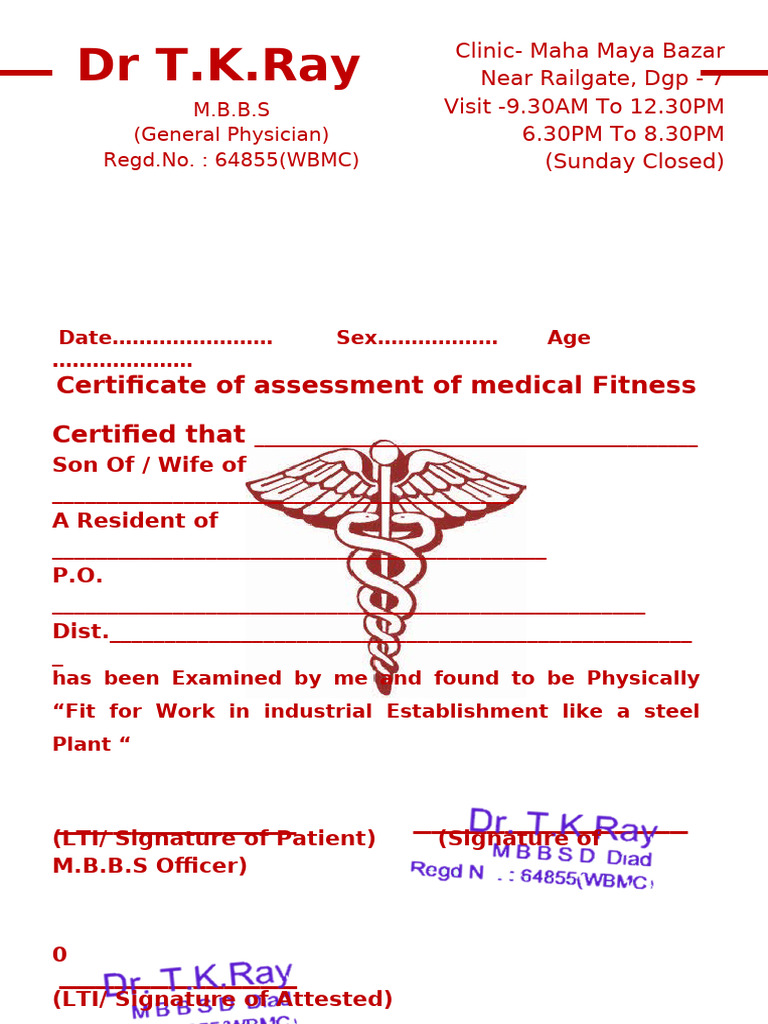 Medical Fitness Certificate for Work | PDF