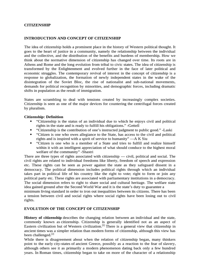 The Idea of Citizenship Holds A Prominent Place in The History of ...