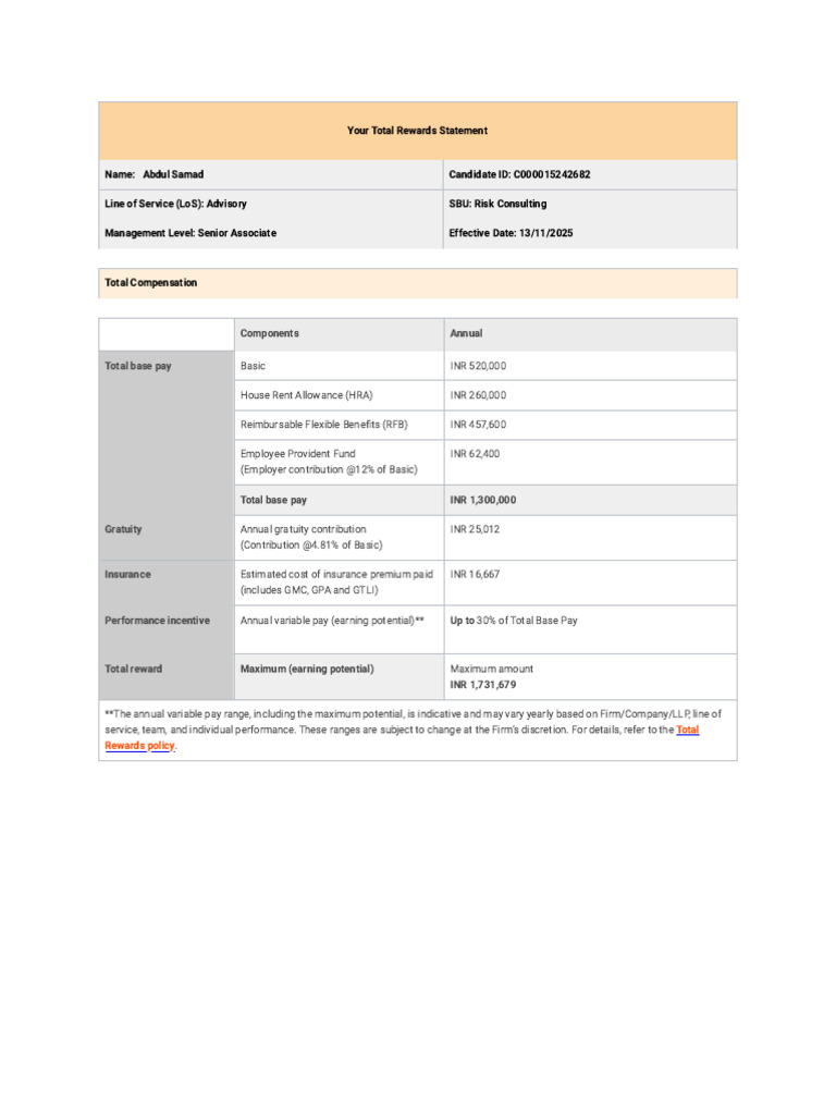 Total Rewards Statement for Senior Associate | PDF | Insurance | Business