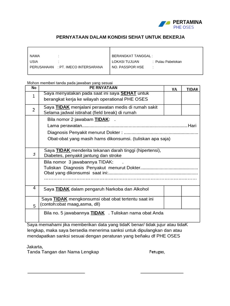 Form Deklarasi Sehat | PDF