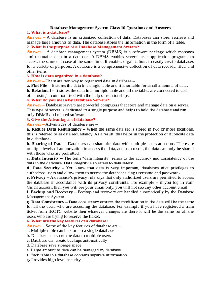 Class 10 Database Management Q&A Guide | PDF | Databases | Table (Database)
