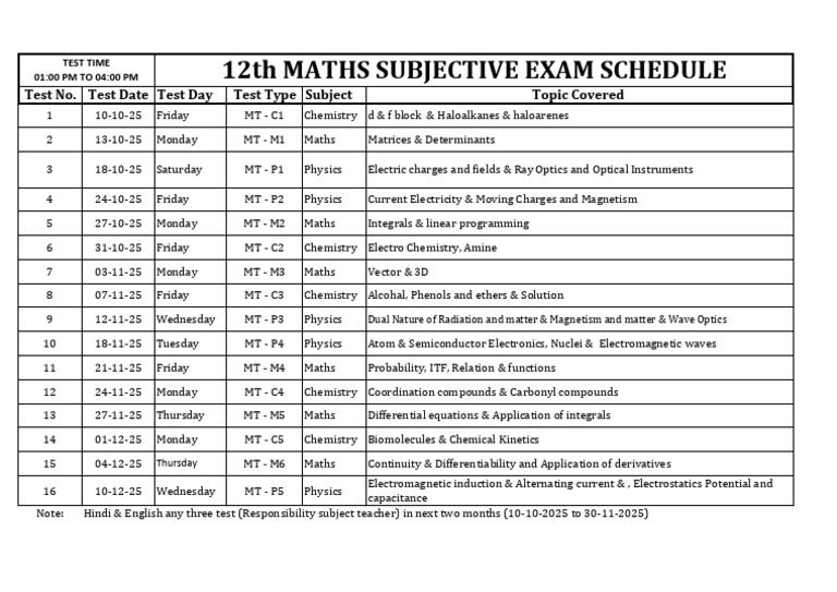 12th Maths Subjective Exam Schedule | PDF