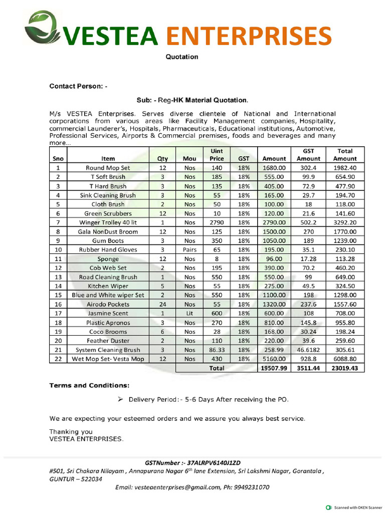 Quotation for HK Material-Anu Main | PDF