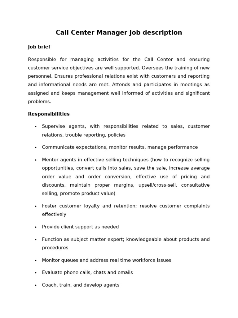 Call Center Manager Job Description | PDF | Call Centre | Sales