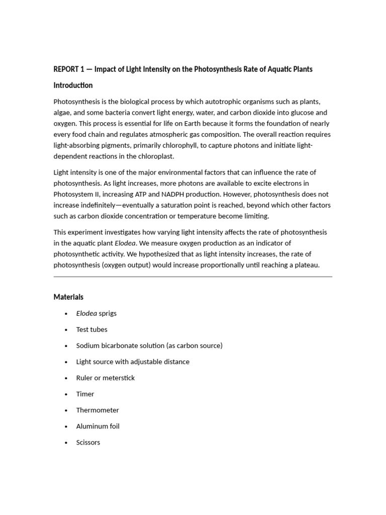 Light Intensity Effects on Elodea Photosynthesis | PDF | Photosynthesis ...