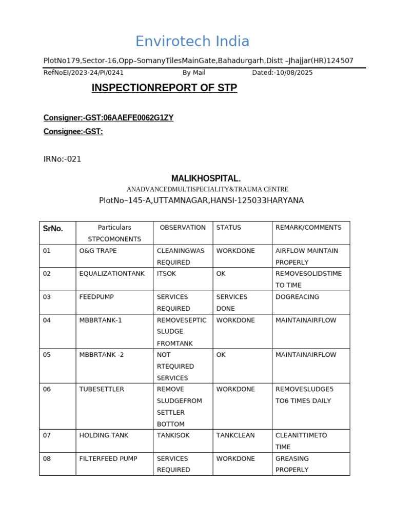 STP Inspection Report for Malik Hospital | PDF | Chemical Engineering ...