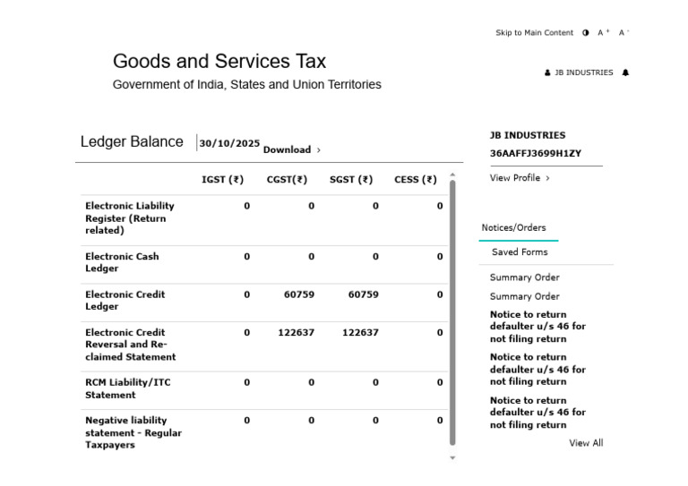 GST Ledger Balance Overview for JB Industries | PDF