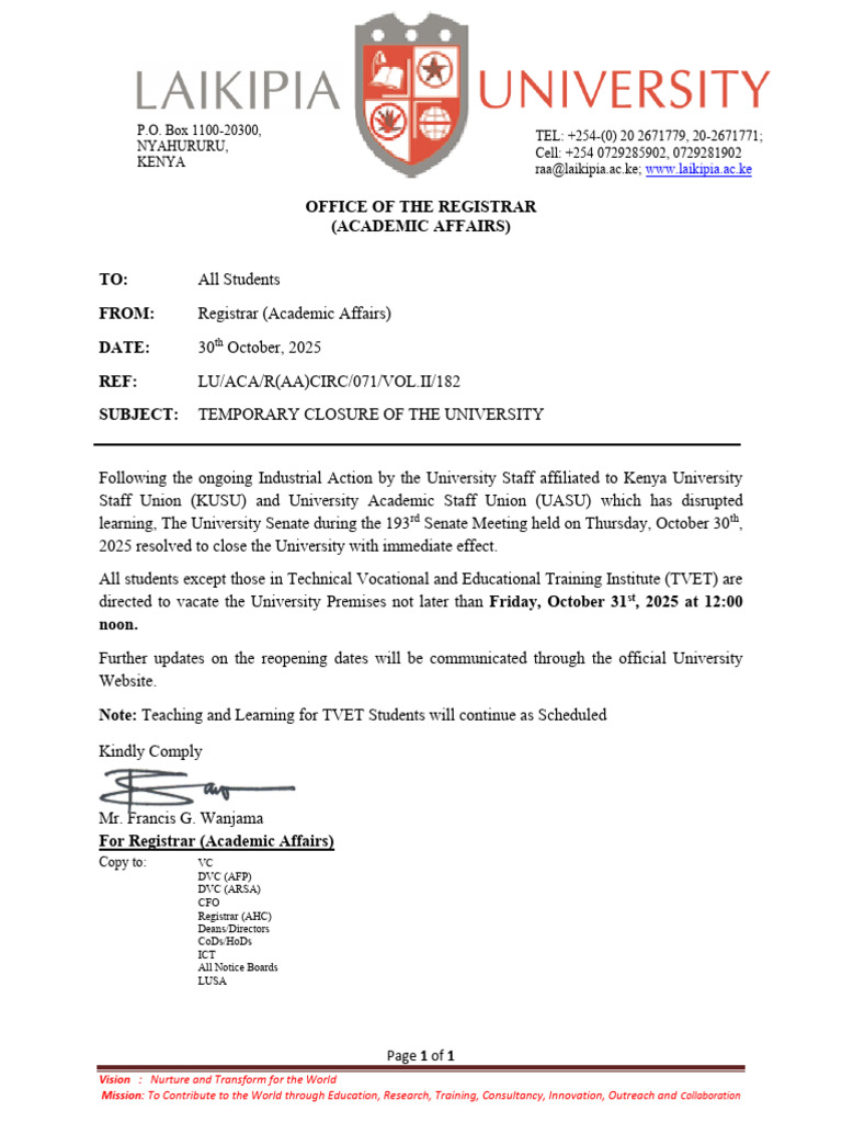 University Temporary Closure Notice | PDF