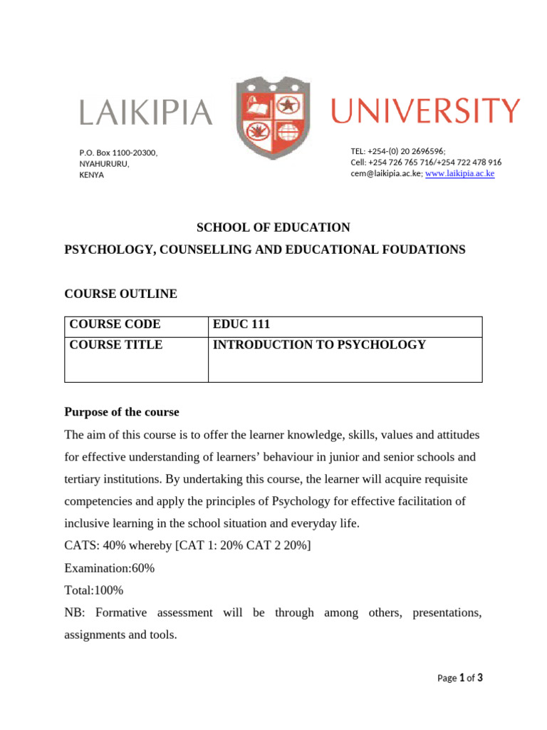 COURSE OUTLINE EPS 111 INTRODUCTION TO PSYCHOLOGY UPDATED(0) | PDF ...