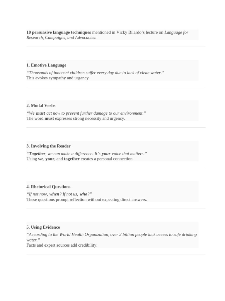 10 Persuasive Language Techniques | PDF | Substance Abuse | Verb