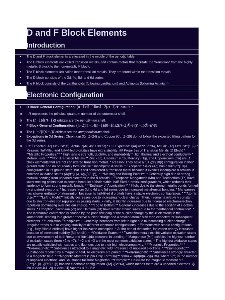 D and F Block Elements Overview | PDF | Transition Metals | Lanthanide