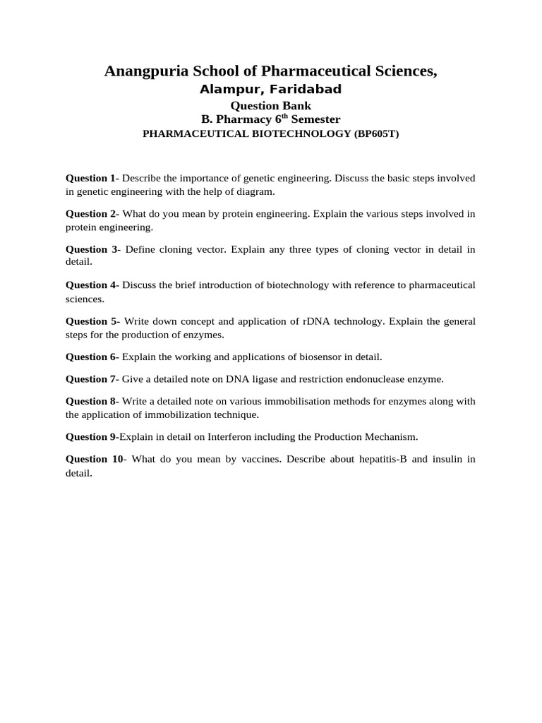 Pharmaceutical Biotechnology Question Bank | PDF