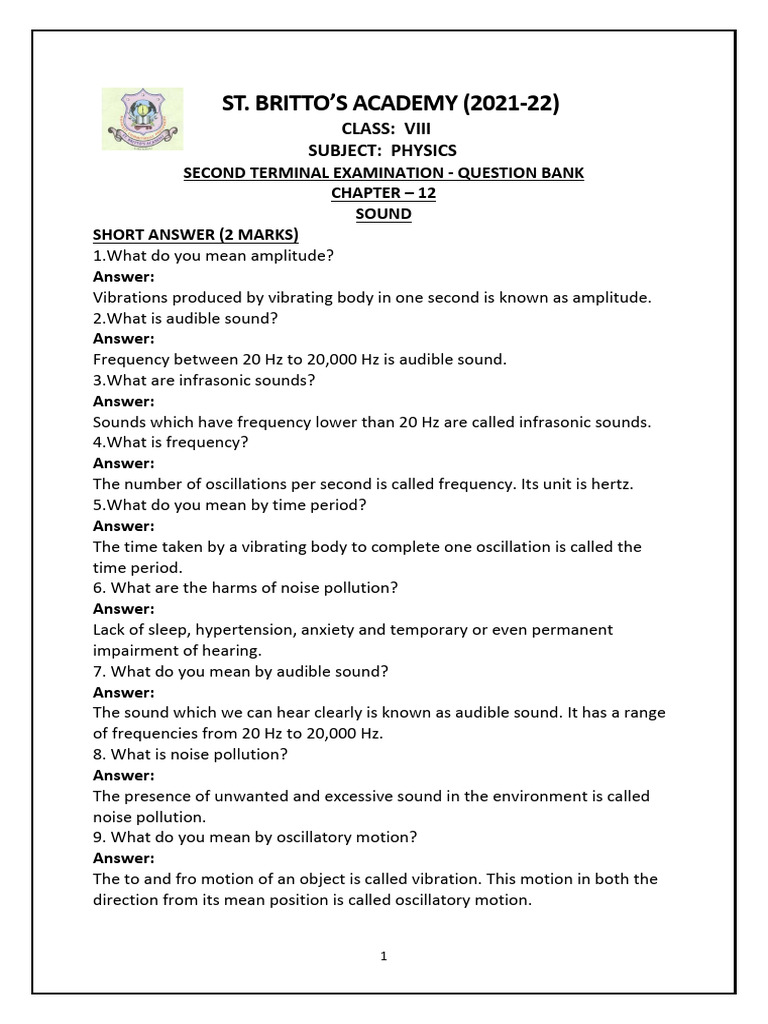 Sound Physics Question Bank for Class VIII | PDF | Force | Eye