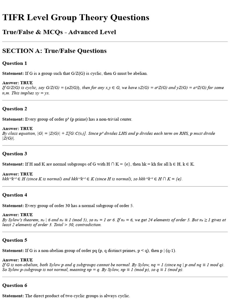Advanced Group Theory Questions | PDF | Group (Mathematics ...