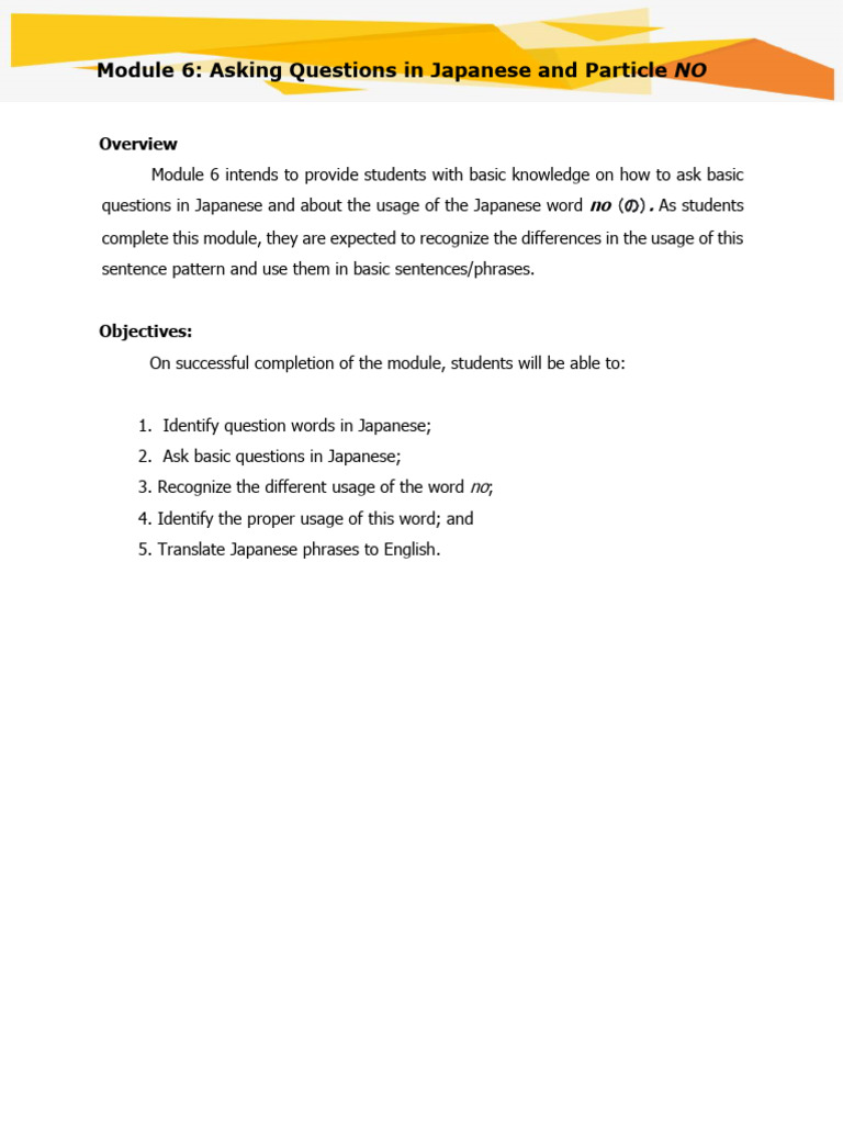 Module 6. Asking Basic Questions and Particle No | PDF | Japanese ...