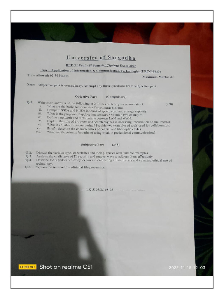 Past Paper Computer 2025 Spring University of Sargodha | PDF