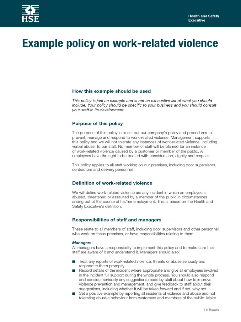 Work-Related Violence Policy Example | PDF | Violence | Occupational ...
