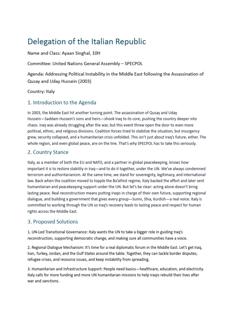MUN Position Paper - Ayaan Singhal 10H | PDF | Iraq | United Nations