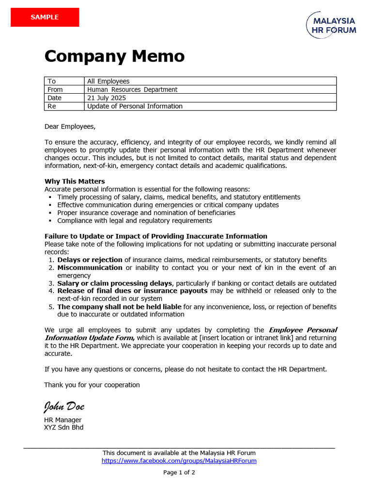 Update of Personal Information (Sample Memo) | PDF