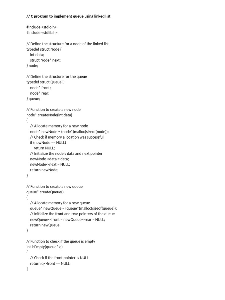 Implement a Queue Using Linked List | PDF | Queue (Abstract Data Type) | Pointer (Computer ...
