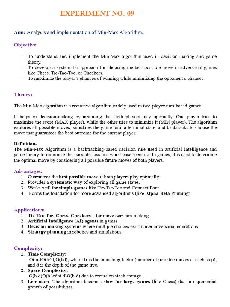 09 .Analysis and Implementation of Min-Max Algorithm | PDF | Artificial ...