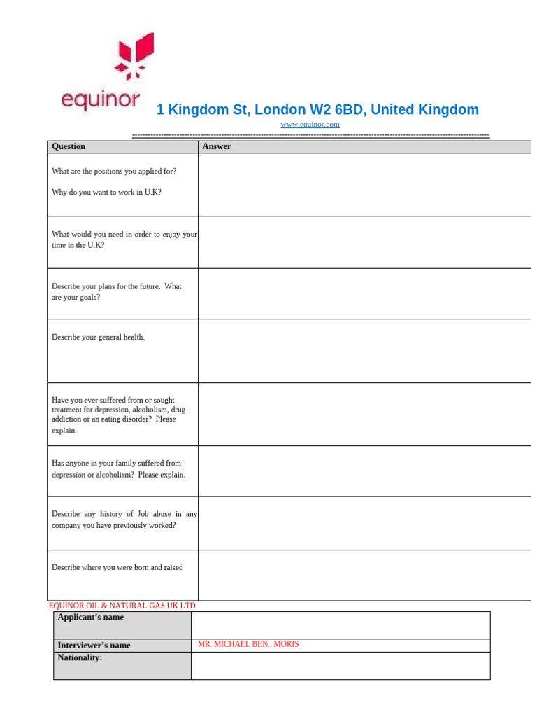 Equinor Oil & Natural Gas Uk LTD - Online Interview Form 002 | PDF ...