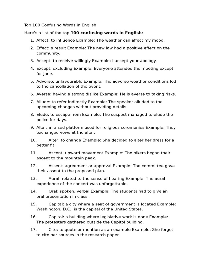 Confusing Word Sheet | PDF