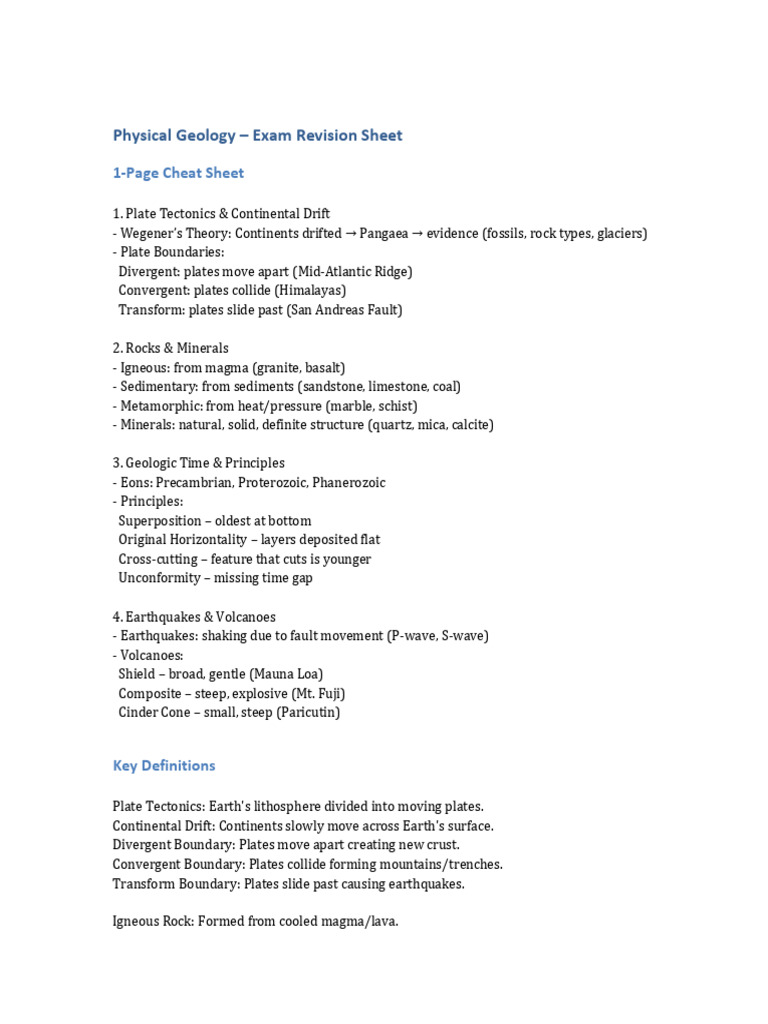 Physical Geology Exam Cheat Sheet | PDF | Rock (Geology) | Sedimentary Rock