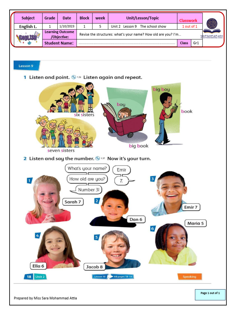 English L.: Subject Grade Date Block Week Unit/Lesson/Topic | PDF