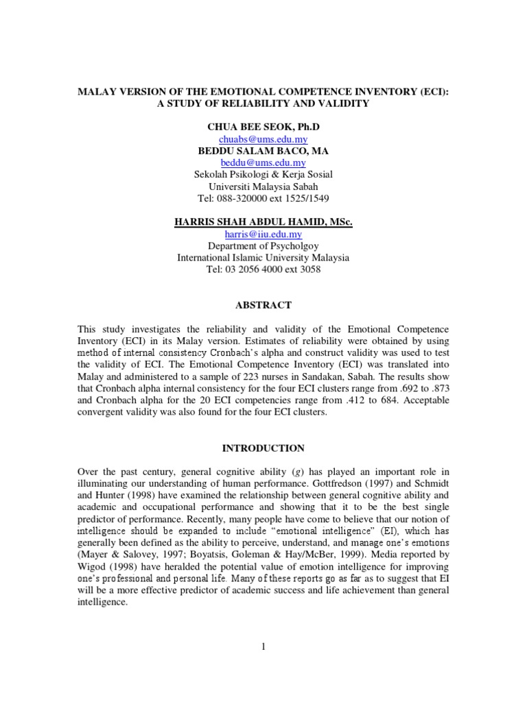 Chua-Malay Version of The Emotional Competence Inventory (Eci) A Study ...
