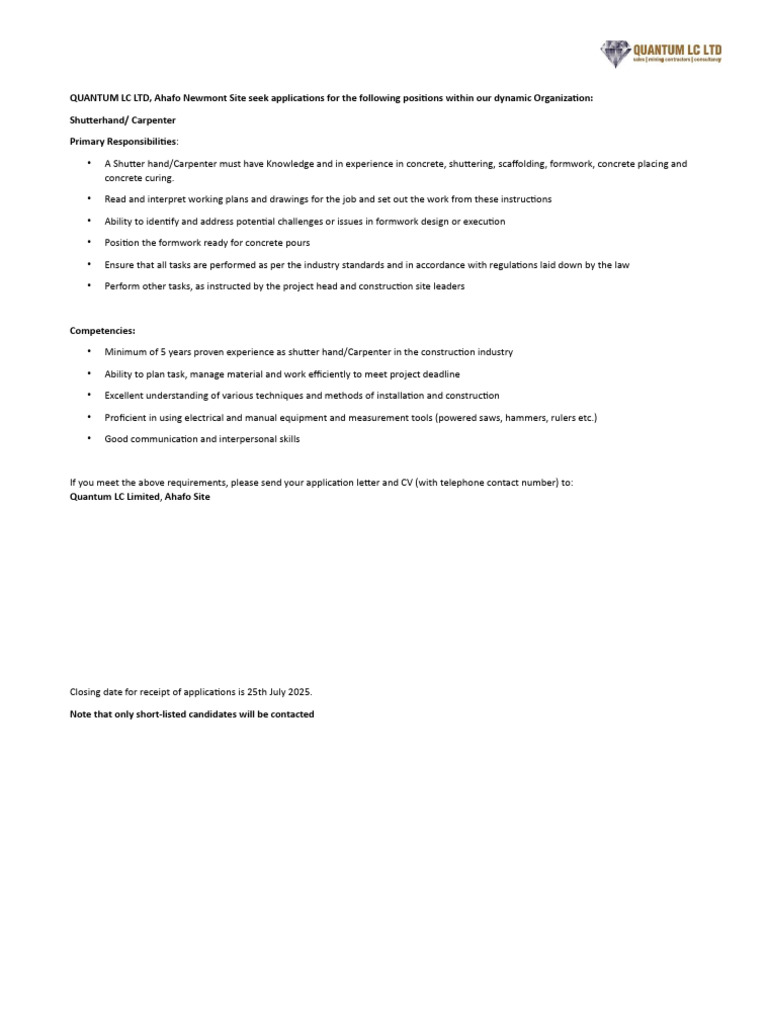 Shutter Hand Role Advert | PDF