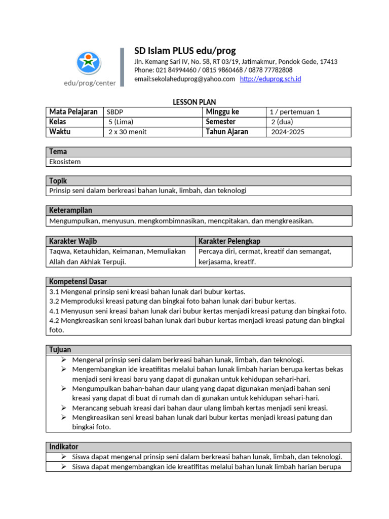 SD5 Art and Craft SBDP P1 Week 2 2025 | PDF