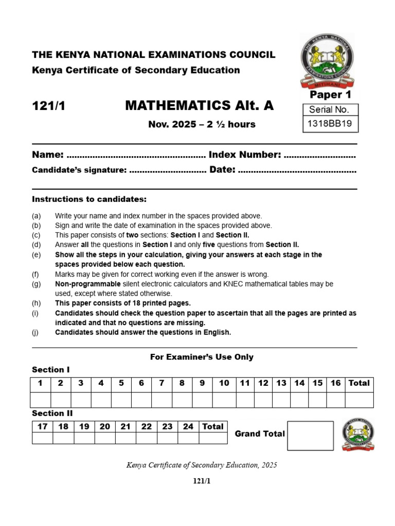 KCSE MATHS PP1 2025 (Error Free) QP FINAL | PDF | Area | Mathematics
