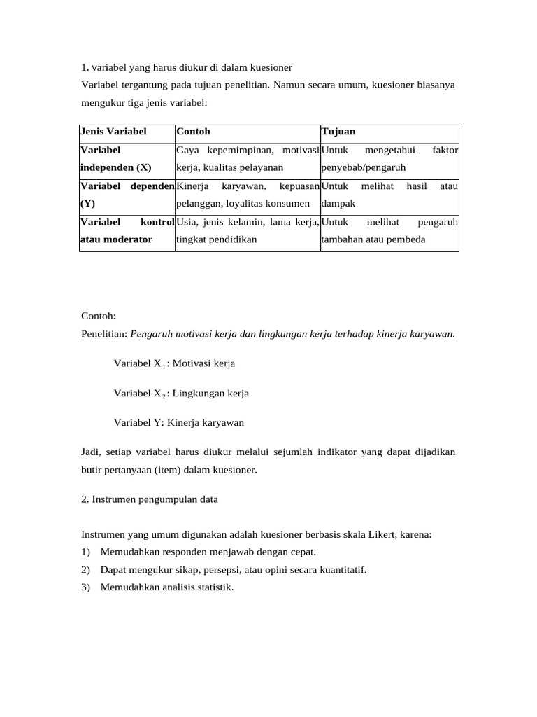 Variabel dan Metode Kuesioner Penelitian | PDF