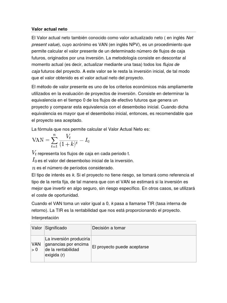 Guía de Valor Actual Neto (VAN) | PDF | Valor presente neto | Economias