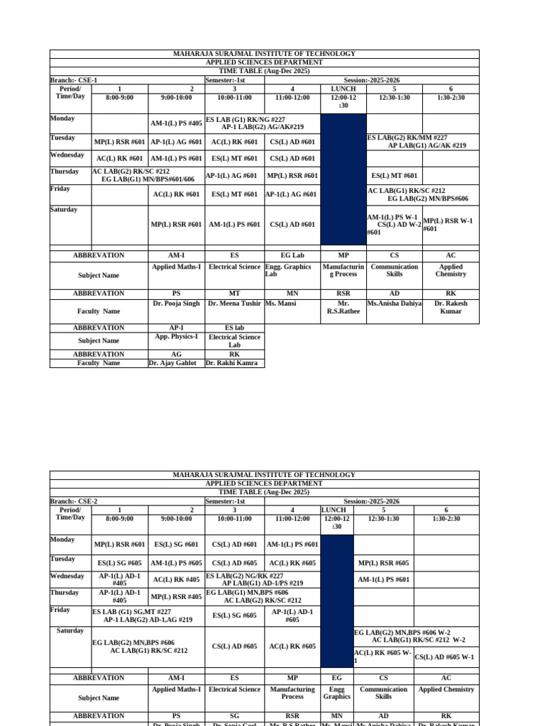 First Year Time-Table Cse 2025-2026 | PDF