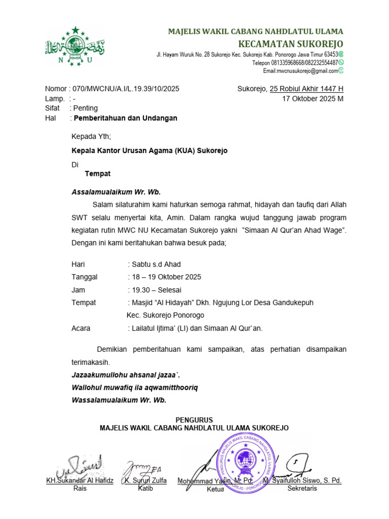 KUA_Pemberitahuan Simaan Al Quran Ahad Wage_PR Gandukepuh | PDF