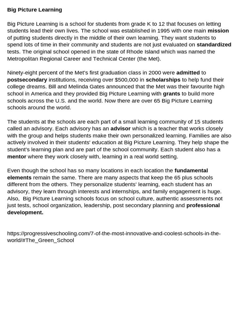 Big Picture Learning: Student-Centered Education | PDF