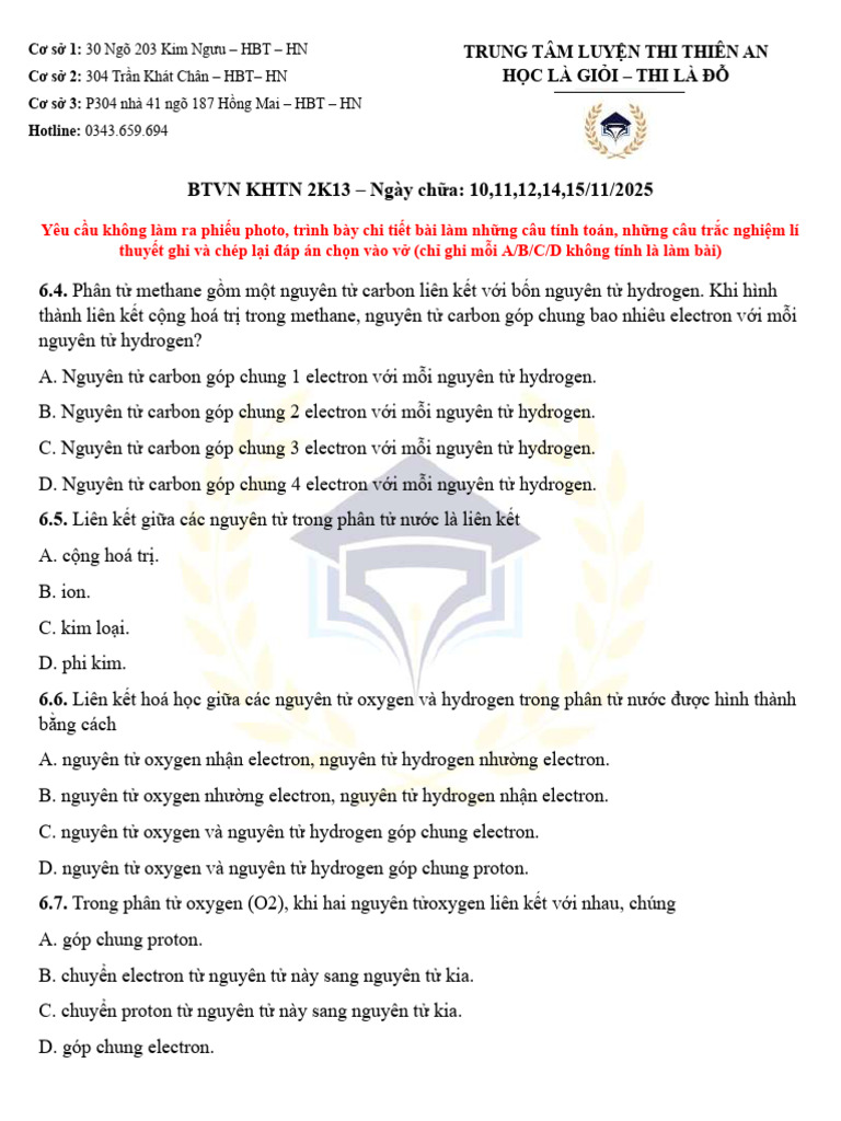 BTVN KHTN LỚP HÓA 2K13 NGÀY 10,11,12,14,15-11-2025 | PDF