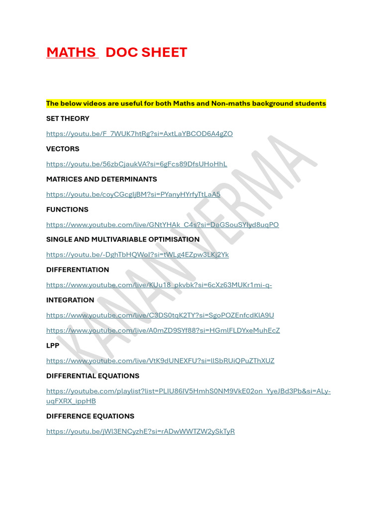 Maths Doc Sheet | PDF